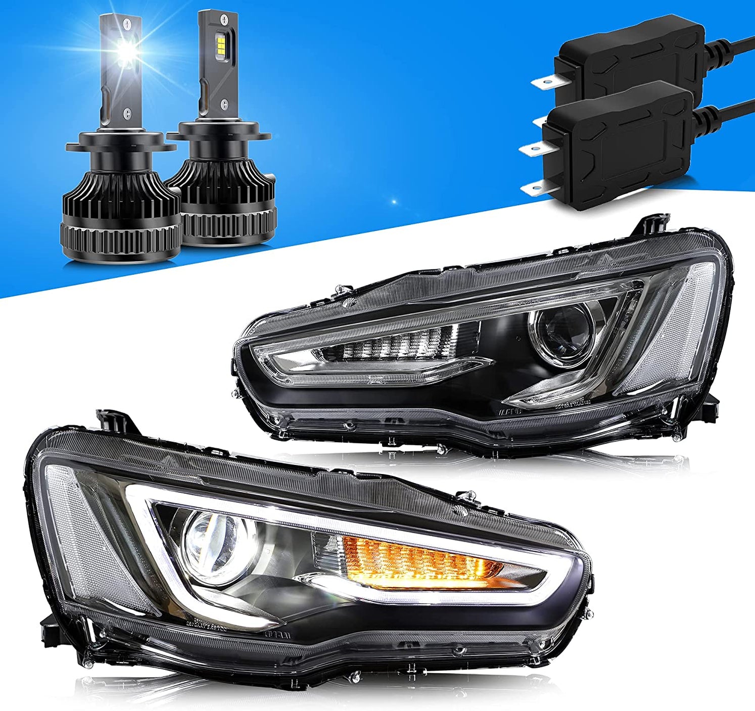 VLAND Dual Beam Headlights + D2S LED Bulbs For Mitsubishi EVO X &Lance ...