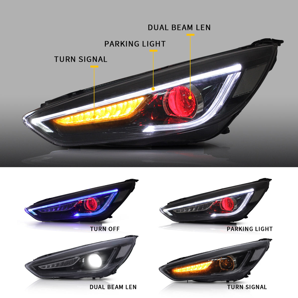 VLAND LED Headlights for Ford Focus 2015-2019 with Blue DRL and Red De ...