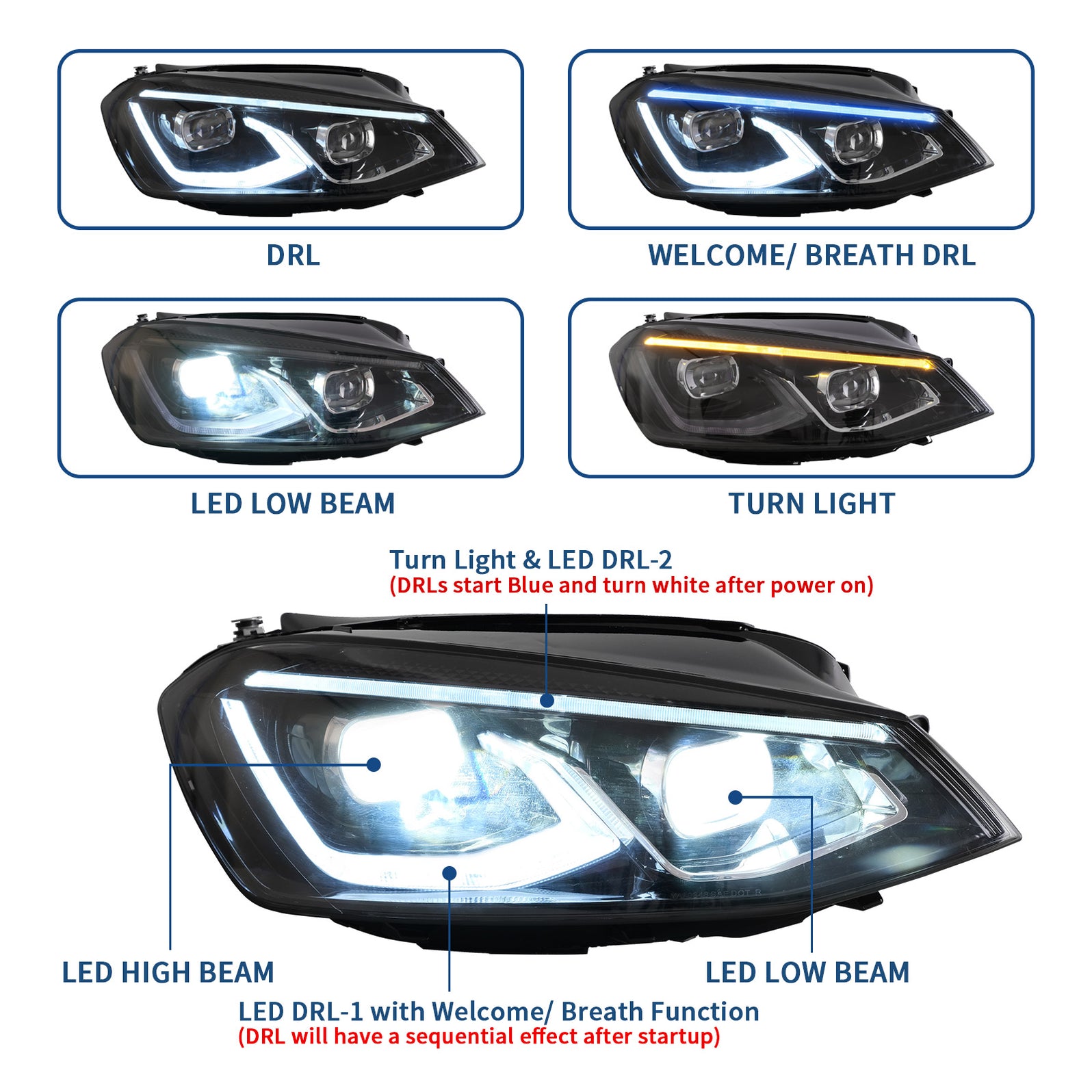 VLAND LED Front lights For 2015-2017 Volkswagen Golf MK7 Halogen Headl ...