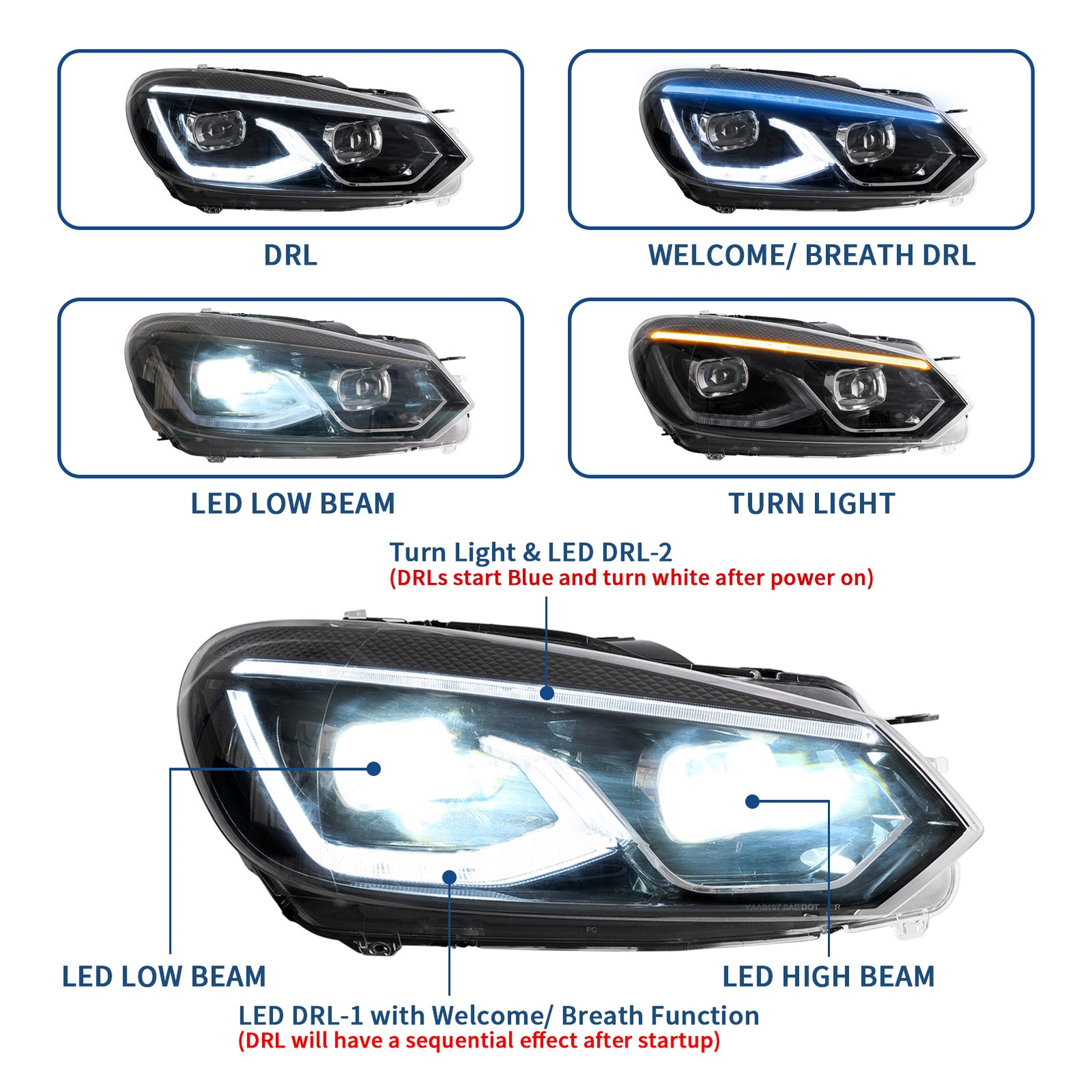 VLAND LED Projector Headlights Head Lamps For Volkswagen VW Golf MK6 2 ...
