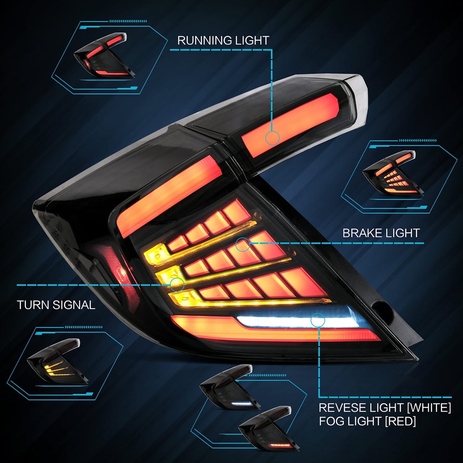 VLAND Tail Lights For Honda Civic Hatchback LX Sport EX 2016-2021 [5 D ...