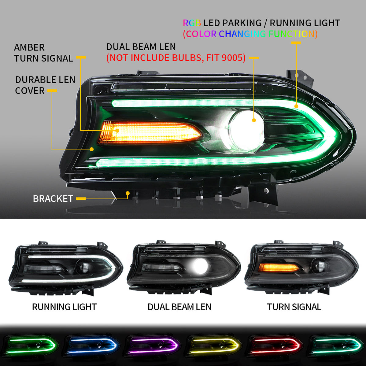 Plug&Play VLAND RGB Projector Headlights for Dodge Charger 2015-UP (Du ...