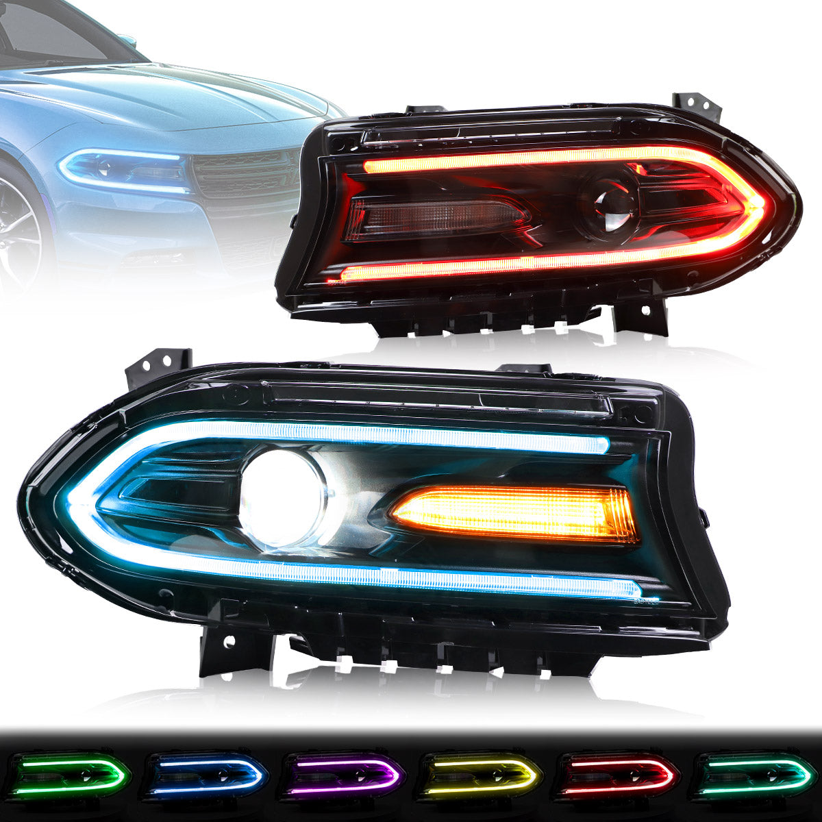 VLAND RGB Projector Headlights for Dodge Charger 2015-2023 (Dual Beam ...
