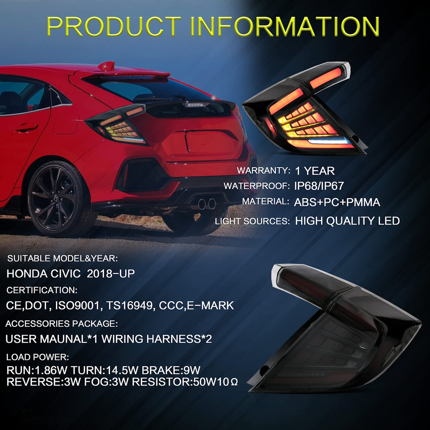 VLAND Tail Lights For Honda Civic Hatchback LX Sport EX 2016-2021 [5 D ...